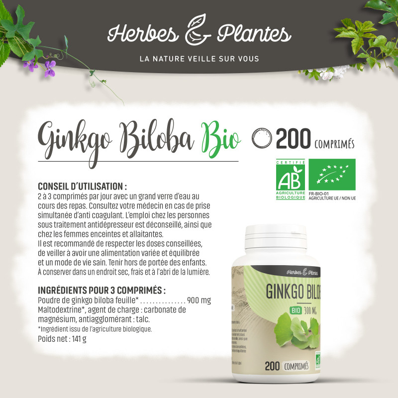 Ginkgo biloba Bio - 300 mg - 200 comprimés - 123gelules